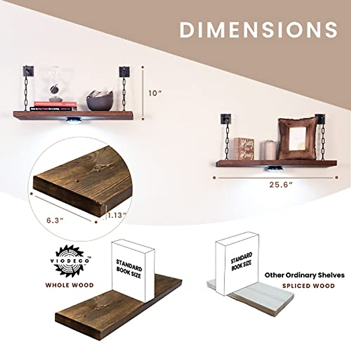 VIODECO Set of 2 Solid Chain Floating Shelves, 25.6" Natural Pine Rustic Wall Shelf for Living Room Or Kitchen, Walnut Bathroom Decor Or Bedroom Bookshelf, Farmhouse Country Decorative Wall Shelves