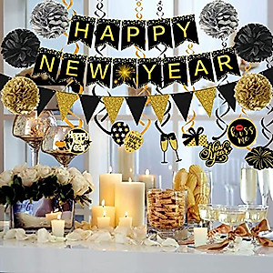 Happy New Year Banner Pom poms Triangle Flag Swirls Garland Hanging Bunting for Happy New Year Party Decorations