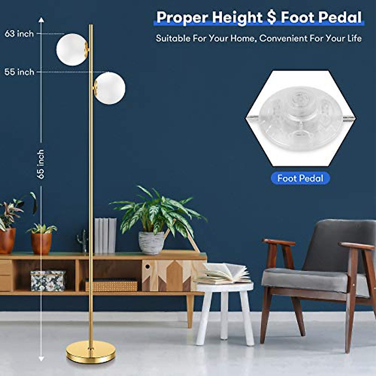 Mid Century Modern 2 Frosted Glass Globe Floor Lamp for Living Room,Contemporary LED Standing Light, Gold Corner Pole Lamp for Office Bedroom, Study Room, Hotel, Antique Brass Standing Lighting