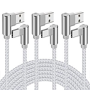 90 Degree USB C Cable 6ft Type C Cable 3 Pack Fast Charging Right Angle Nylon Braided USB Charger Cable Charging Cord for Samsung Galaxy S9 S8, Note 9 8,LG G6 G5 V20,Google Pixel (Silver, 6 Feet)