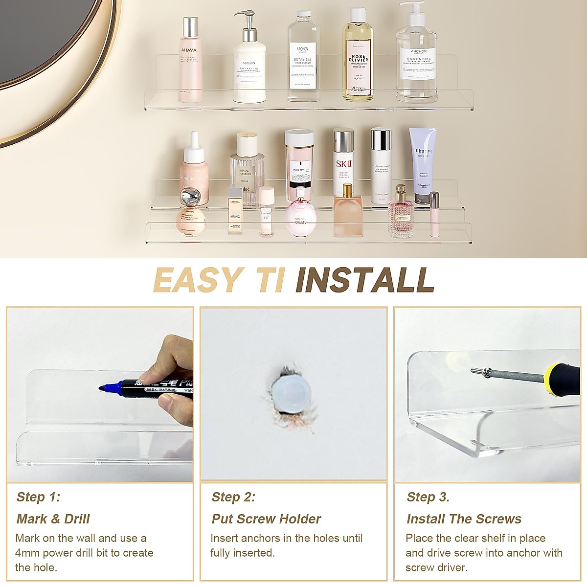 Hongtamoy 4-Tier Acrylic Hair Tool Organizer, 15'' Floating Clear Hair Dryer Holder, Multifunctional Storage, DIY Bathroom Storage Display Shelf Wall Mounted for Makeup/Skincare/Perfume