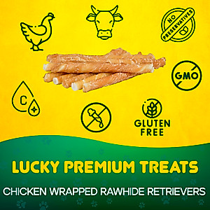 Lucky Premium Treats Chicken Wrapped Dog Treats – Retriever Size - USA Made Raw Hide Sticks for Large Size Dogs – Long Lasting, Preservative Free Dog Treat – 17 Chews