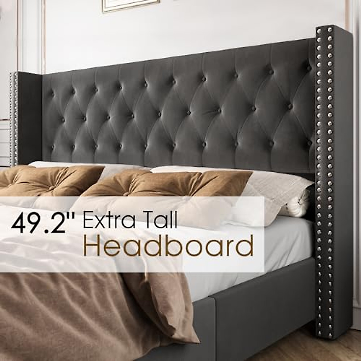 PaPaJet Upholstered Queen Bed Frame with Tall Headboard, Wingback Platform Bed, Velvet Tufted Button, No Box Spring Needed, Easy Assembly, Grey