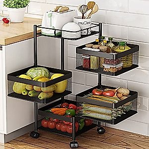 Fruit Basket Rotating Storage Rack for Kitchen, 4-Tier Square Rotating Storage Rack Fruit and Vegetable Storage Rack with Wheels, Floor-Standing Shelf Kitchen Organizer for Fruit Vegetable Grocery