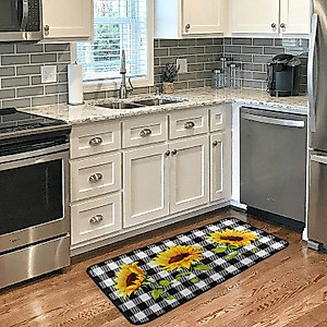 Black Buffalo Plaid Kitchen Rugs Non Slip Sunflower Kitchen Floor Mats Cushioned Kitchen Mats and Rugs Washable Anti Fatigue Mats for Laundry Sink Standing Office Home Decor - 39x20 in