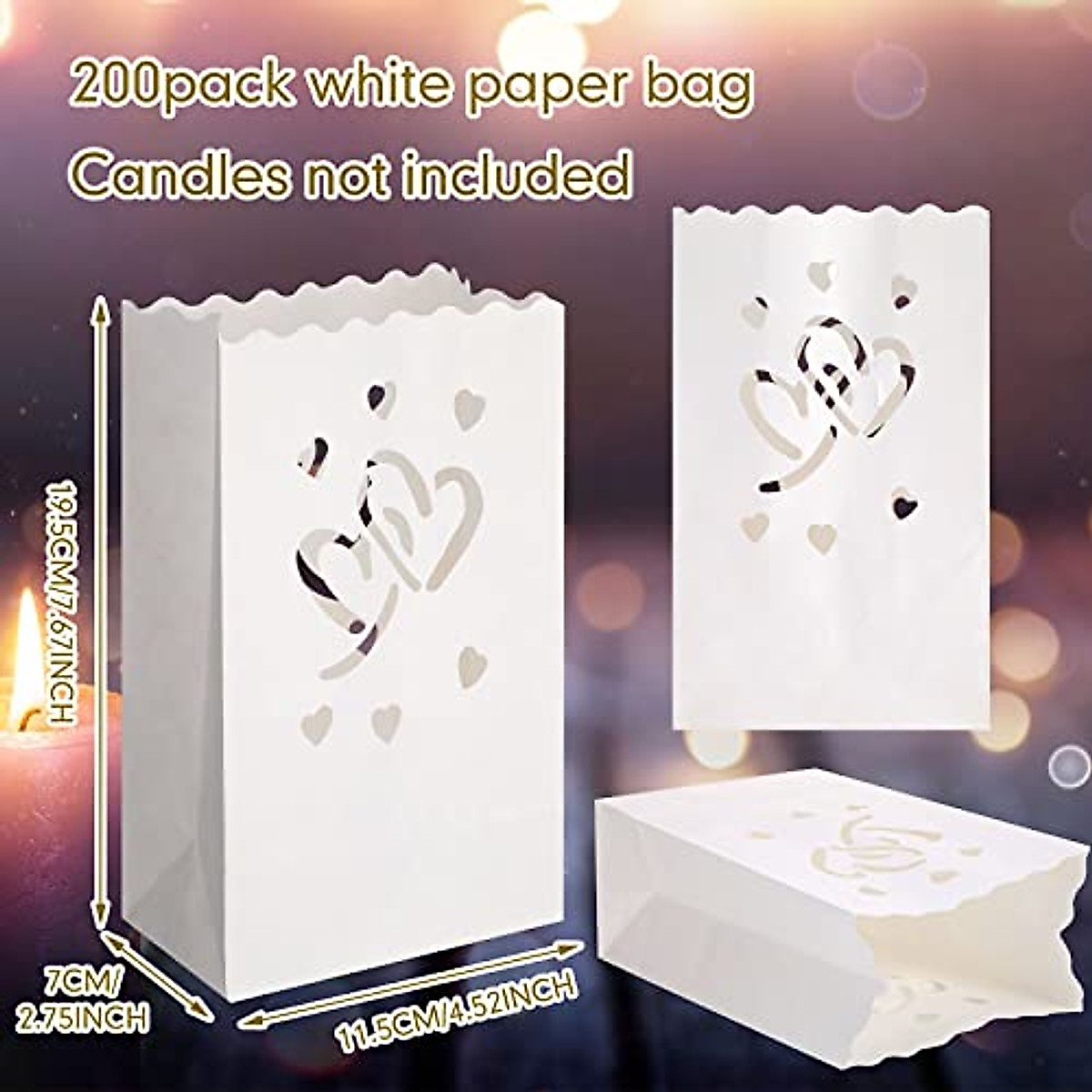 100 Pcs Valentine's Day White Luminary Bags Flame Resistant Candle Bags Hearts Design Valentines Luminaries Reusable Paper Lantern Bags Fire Retardant Candle Bags for Wedding Spring Engagement Event