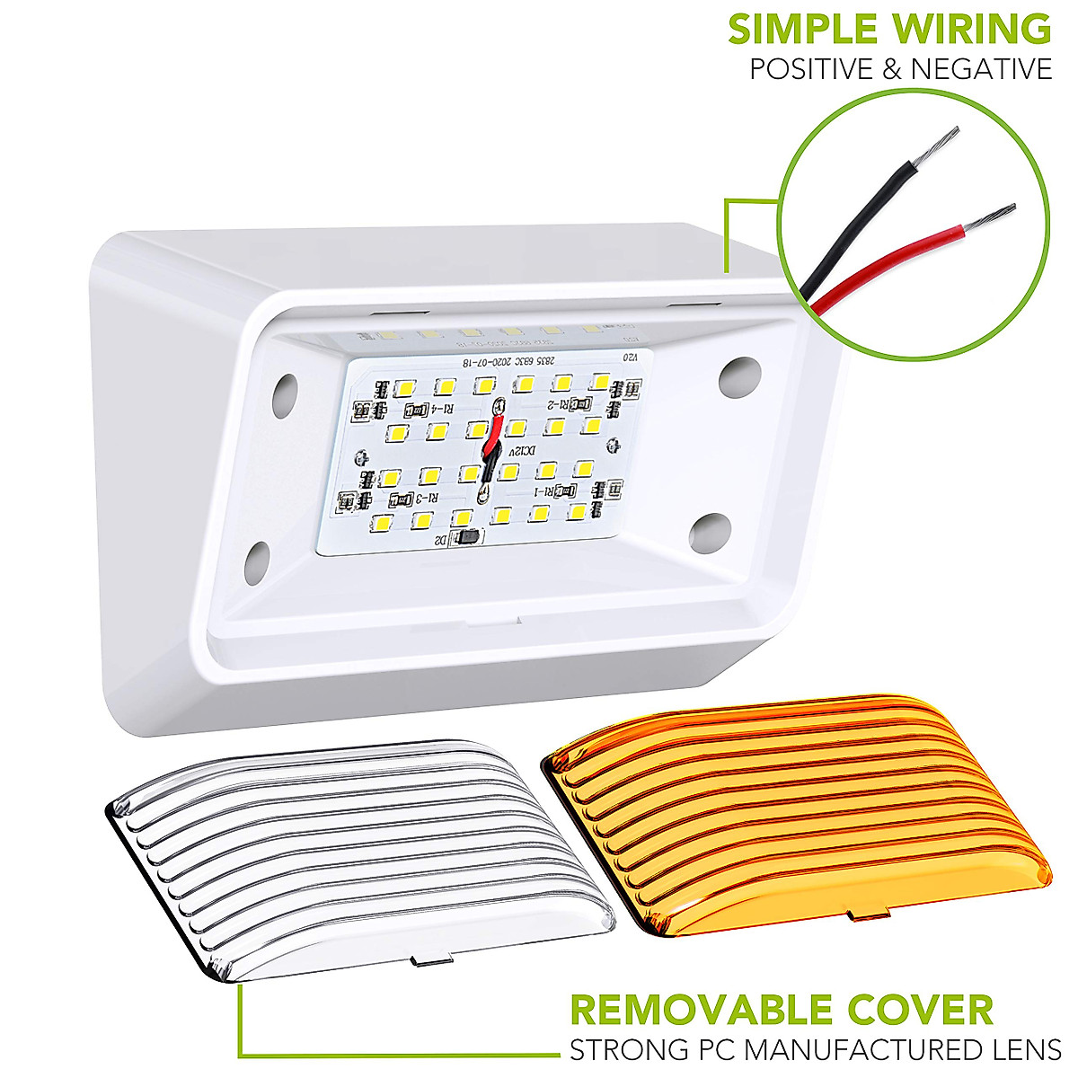 Leisure LED RV Exterior Porch Utility Light - 12v 280 Lumen Lighting Fixture. Replacement Lighting for RVs, Trailers, Campers, 5th Wheels. White Base, Clear and Amber Lens Included (White, 1-Pack)
