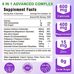 High Absorption Calcium Magnesium Zinc Gummies, Sugar Free Calcium Magnesium Supplement with Potassium Vitamin D3 for Bone & Teeth Strength, Muscle Function - Vegan, Blueberry Flavor 120 Cts