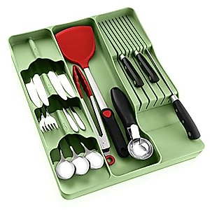LDOIGBT Kitchen Drawer Organizer, 3 in 1 Cutlery Organizer for Cutlery Spoon Knives &Fork Storage, Silverware Organizer Storage Tray, Utensil Organizer for Kitchen Drawers(Green)