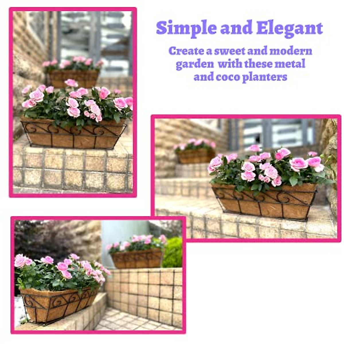 LaLaGreen Wall Planters - 16 Inch, 2 Pack Window Flower Boxes Basket Attach to House, Deck Railing Planters with Coco Liners Outdoor Balcony, Metal English Horse Troughs Fence Patio Porch Over Rail