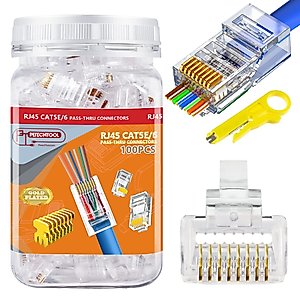 PETECHTOOL RJ45 CAT6 Connector End Pass Through Ethernet Cat6 Ends 8P8C Modular Plug for Solid or Stranded UTP Ethernet Cable （ 100 Packs - with Wire Stripper
