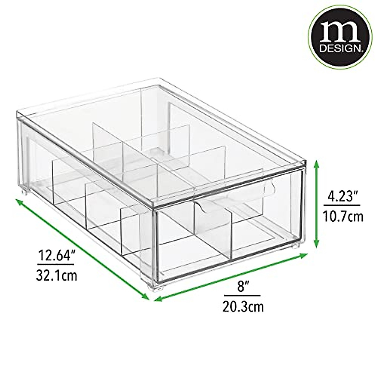 mDesign Plastic Kitchen and Pantry Organizer with Divided Drawer - Stackable Bin with 8 Sections for Tea and Snack Food - Perfect for Organizing Cabinet, Fridge - Lumiere Collection - Clear