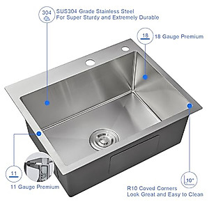 MENATT 20-inch Drop in Kitchen Sink, SUS304 Stainless Steel Top-Mount Handmade Kitchen rv Sink, Single Bowl Sink with Basket Strainer, 20"*16"*9" (Brushed)