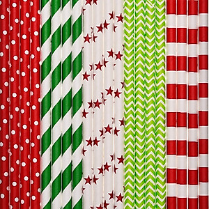 Paper Straws Decorative Drinking Straws for Christmas New Year Party Decoration, 125 Pieces, Multi Patterns, with 6 Black Stickers (Red and Green)