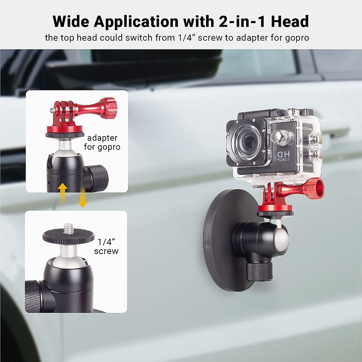 MOSHUSO 3.5"/88mm Wide Magnetic Camera Mount for Gopro, 360° Rotatable Tripod Ball Head Mount for Action Cameras, Rubber Coated Magnet Base Ideal for Mounting Action Cameras to Cars or Metal Surface