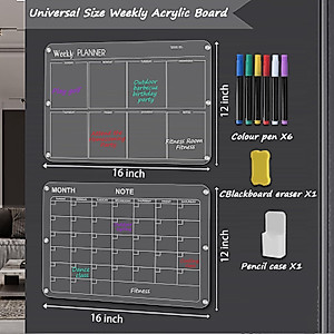 Acrylic Calendar for Fridge,16"×12" Acrylic Fridge Dry Erase Board, Clear Calendar for Fridge, Monthly Magnetic Calendars Board and Weekly Dry Erase Board, 6 Markers,1 Pen Holder and 1 Eraser (Clear)