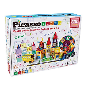 PicassoTiles Master Builder Magnetic Early Educational Toy Building Block Kit with 3 in 1 Playboard for Kid,Baby Ages 3 and Up, STEM Construction with School, Bus, Hospital, Police Station, 300 Piece
