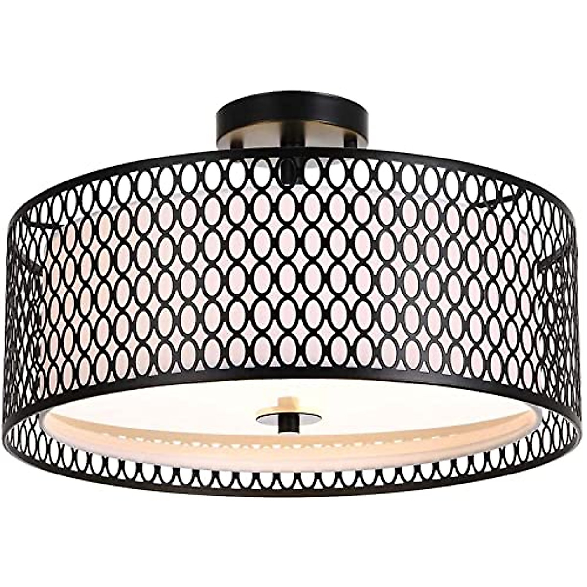 Ludil 17" Semi Flush Mount Ceiling Light Fixture, Modern 3-Light Black Durm Close to Ceiling Lighting with Metal Mesh Cage & Bottom Reflective Glass for Living Room Bedroom Kitchen Hallway Entryway