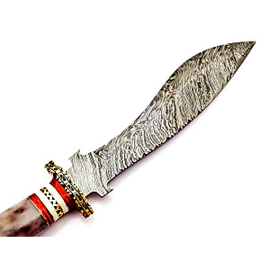 Skokie Knives Custom Damascus Steel Hunting Knife Color Camel Bone Handle with Brass Spacer -Handmade Premium Quality Edge Fixed Blade – For Multipurpose – Ideal for Survival Hunting Camping Hiking Outdoor Every Day Carry Professional Use Art of Craftsman