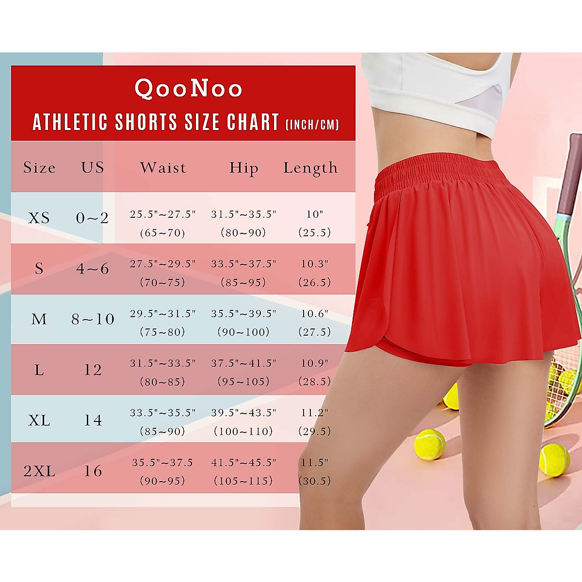 QooNoo 2 in 1 Athletic Shorts for Women Flowy Running Butterfly Shorts with Pockets High Elastic Gym Shorts Workout Tennis Skorts (Red,Small)