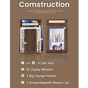 kinzd Money Clip, Front Pocket Wallet, Leather RFID Blocking Strong Magnet thin Wallet (Crazy Horse dark brown)