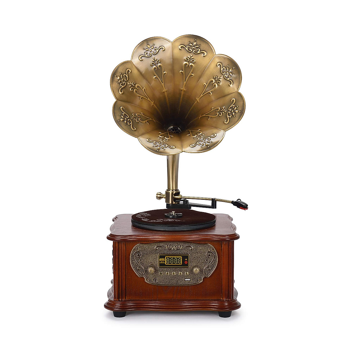 Wooden Gramophone Phonograph Turntable Vinyl Record Player Stereo Speakers System Control 33/45 RPM FM AUX USB Ouput Bluetooth 4.2