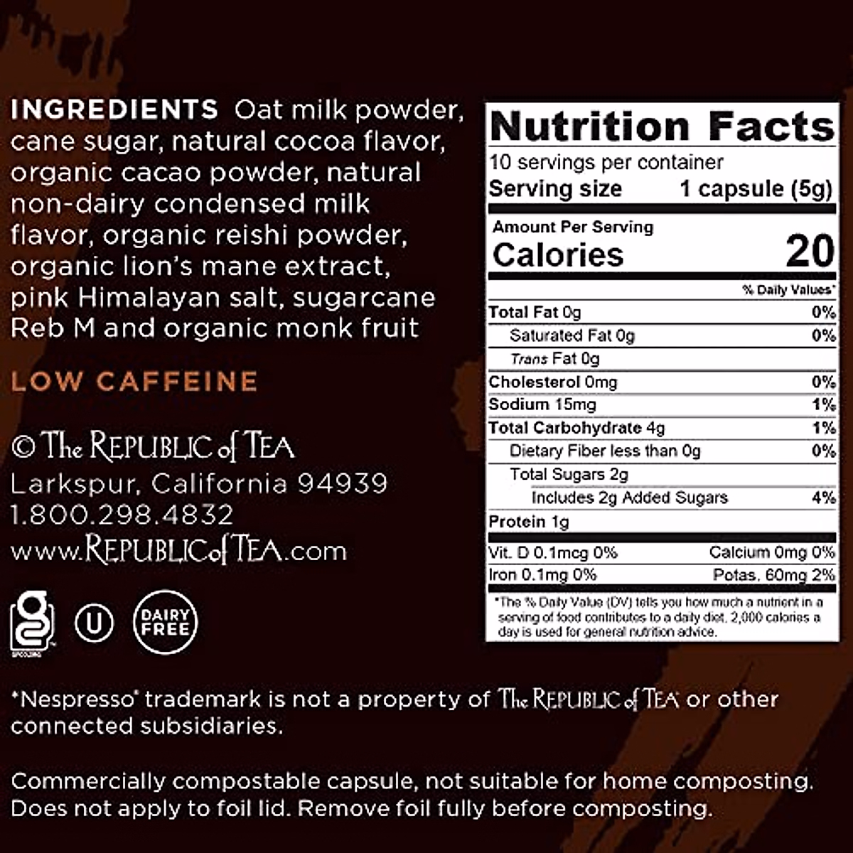 The Republic of Tea – Cocoa Shroom Latte Nespresso-Compatible Recyclable Pods, 10 count, Low Caffeine
