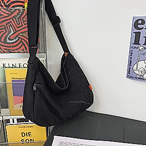 Canvas Cross Body Bag Purses for Women Black Unisex Messenger Crossbody Handbags Women's Tote Bag with Zipper Pockets Hand Bags Medium Womens Hobo Bags Shoulder Bag for Travel Teen Girls for School