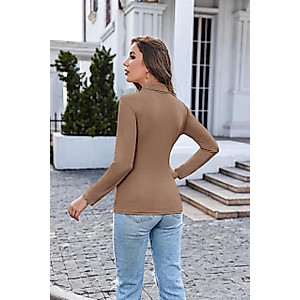 Ekouaer Women's Turtleneck Long Sleeve Shirts Lightweight Base Layer Solid Slim Fit Tops Brown S