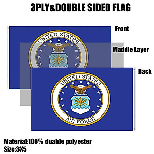 Air Force Crest Emblem Flag 3X5 Outdoor Double Sided 3ply- Heavy Duty Polyester USAF Military Flags With 2 Brass Grommets, Vivid Color And Fade Proof, UV Proof