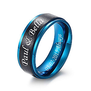 MZZJ Personalized Inside Her Weirdo & His Crazy Couple Ring Set 8MM Brushed Two-tone Black Blue Stainless Steel Step Edges Engagement Ring Wedding Band for Him Her,Anniversary Gift for Husband Wife