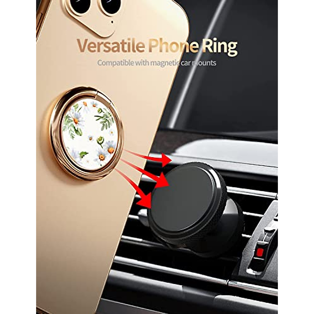 Cell Phone Ring Stand Finger Holder Flowers Pattern Paster Grip Kickstand 360°Rotation Metal Ring Grip for Magnetic Car Mount Compatible with iPhone Samsung Galaxy Pixel All Smartphone (Daisies)
