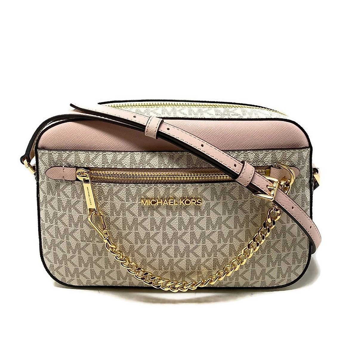 Michael Kors Jet Set Saffiano Leather Crossbody Bag (Vanilla Sig Powder Blush)