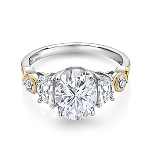 Gem Stone King 925 Silver and 10K Yellow Gold Moissanite and Lab Grown Diamond 3-Stone Women Wedding Engagement Anniversary Promise Ring (2.60 Cttw, Available In Size 5, 6, 7, 8, 9)