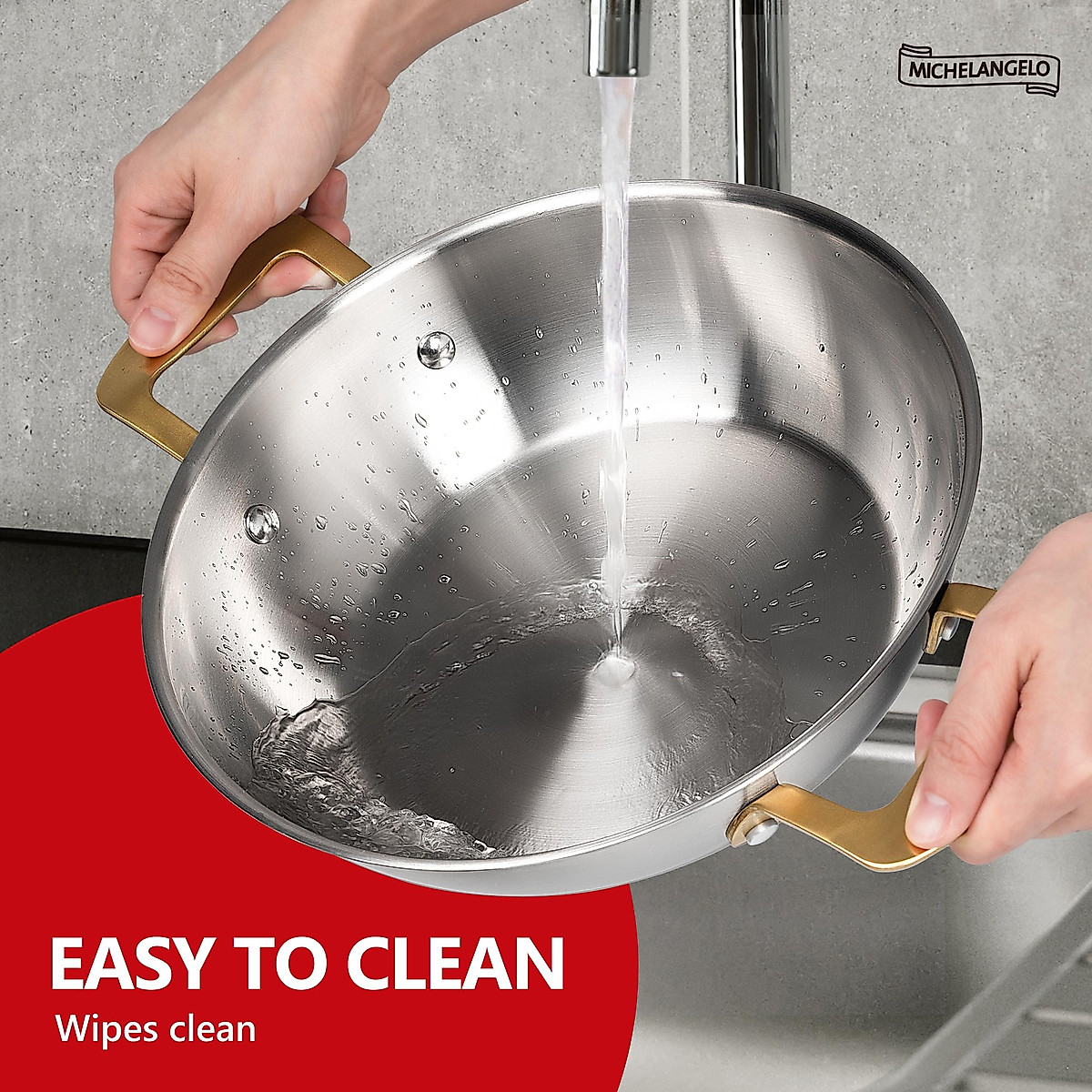 MICHELANGELO Stainless Steel Pan - 9.5 Inch Everyday Pan with Lid, 2.5 Quart Stainless Steel Kadai with Riveted Handle, All Cooktops Compatible, Oven & Dishwasher Safe