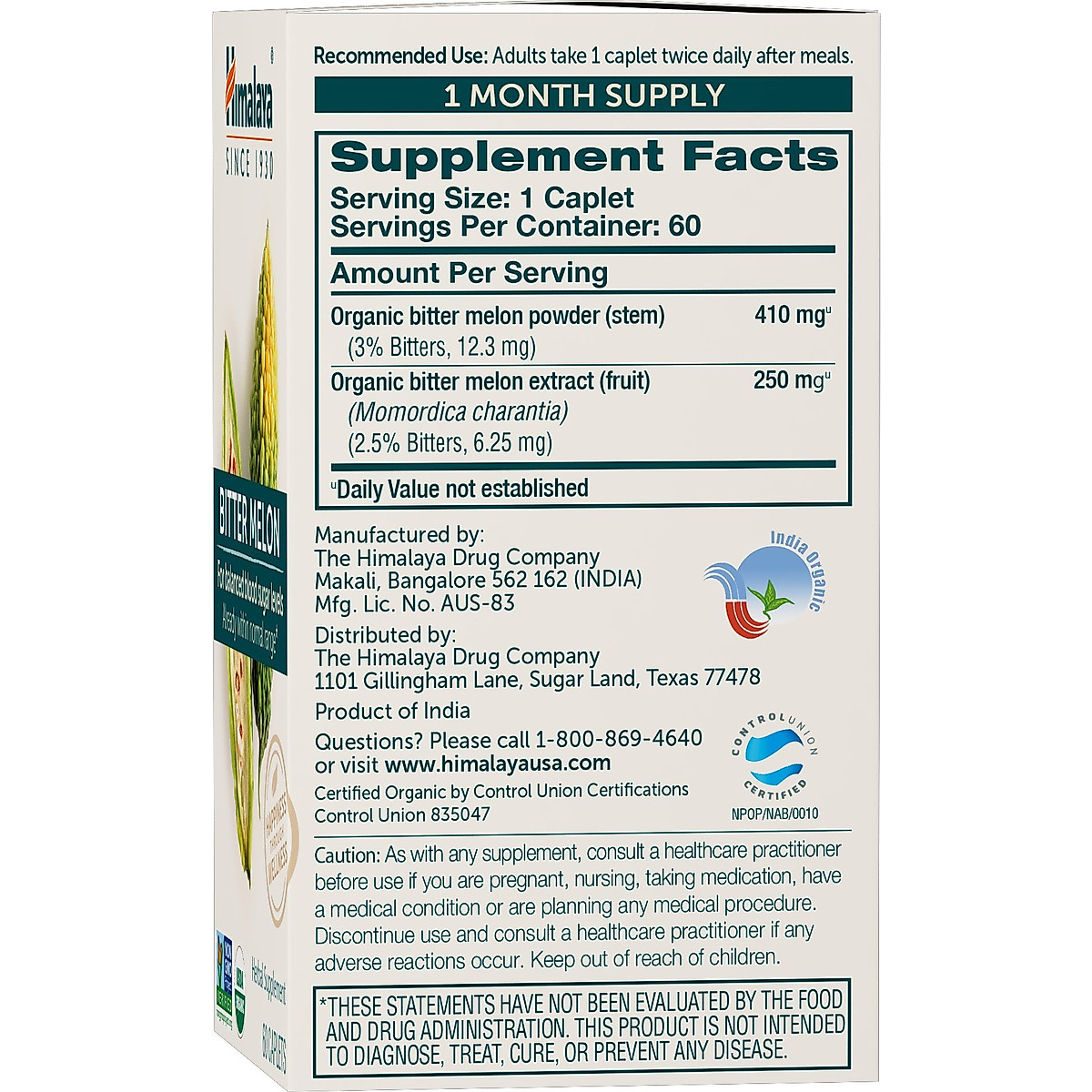 Himalaya Organic Bitter Melon for Glucose Metabolism, 660 mg, 60 Caplets, 1 Month Supply