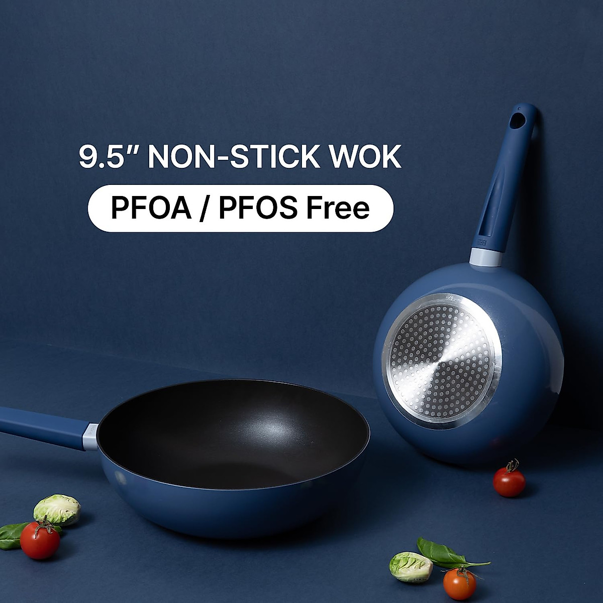 Dr.HOWS Allday Nonstick Wok Pan 9.5 Inch Stir-Fri Pan with Bakelite Handle, PFOA/PFOS Free, Works on Gas, Induction, Ceramic, Halogen, and Electric, Bijou Blue