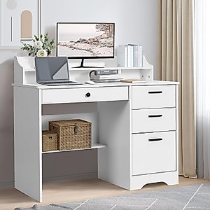 White Computer Desk with 4 Drawers, Modern Small White Desk with Large Storage Space & Hutch, Home Office Desk for Bedroom Small Spaces, White
