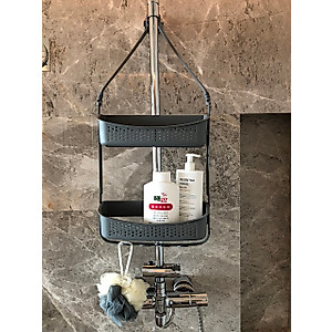 EMT ETRENDS Shower Caddy Hanging, Anti-Swing Over Head Shower Caddy Rustproof, Over the Door, Plastic Bathroom Organizer, Multiple Hanging Modes Shelf with Hooks and Suction Cups, Matte Grey