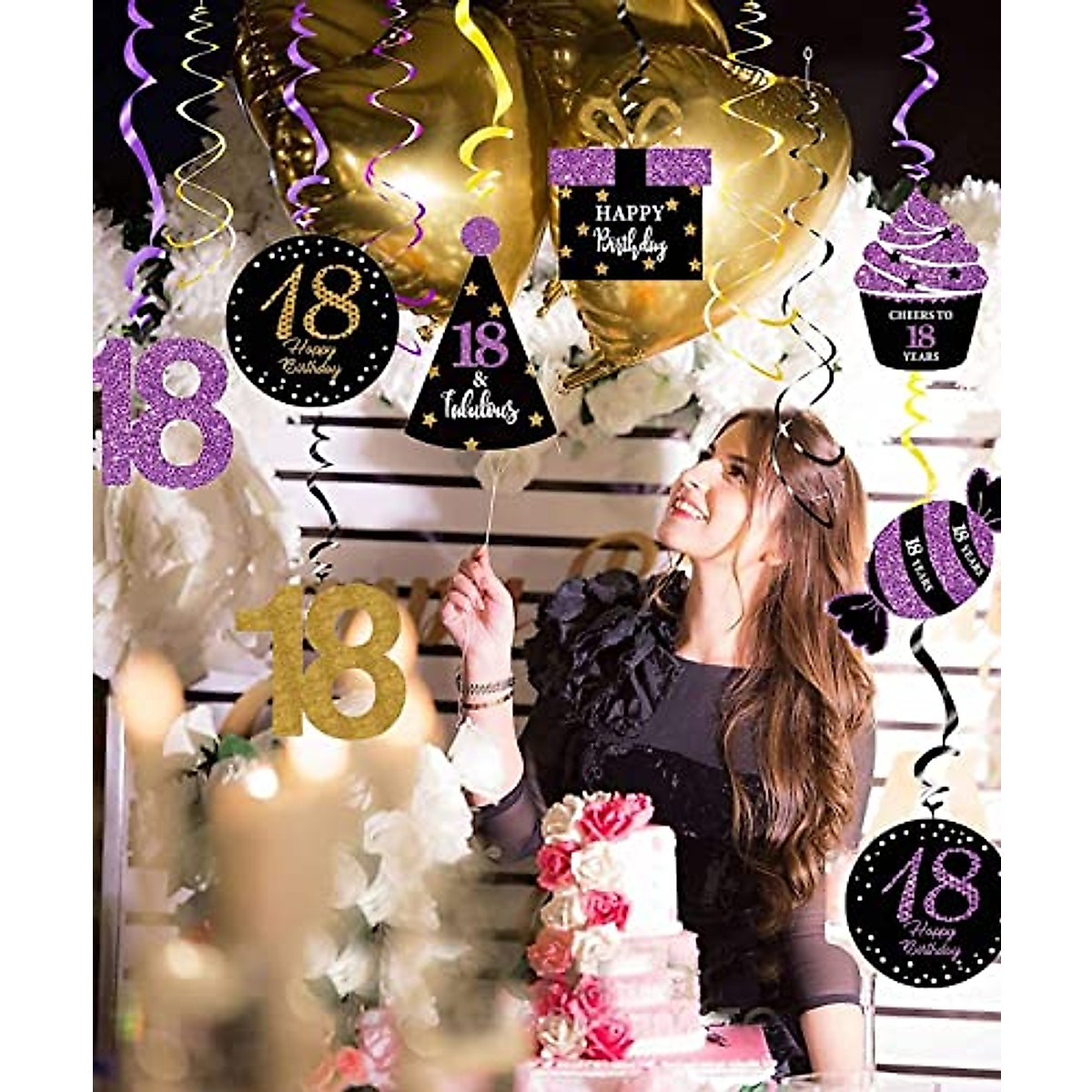 18th Birthday Decorations for Girls Purple Black Gold Girl 18th Birthday Party Hanging Decor/Purple Gold Black Foil Hanging Swirls Girl 18th Birthday Party Decoration Swirls