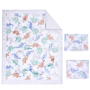 UOMNY Crib Bedding Sets for Boys - 3 Piece Dinosaur Nursery Bedding Set Baby Boys Bedding Sets Crib Set Crib Quilt Fitted Sheet Crib Pilowcase Grey Plaid / Blue Little Dinosaurs
