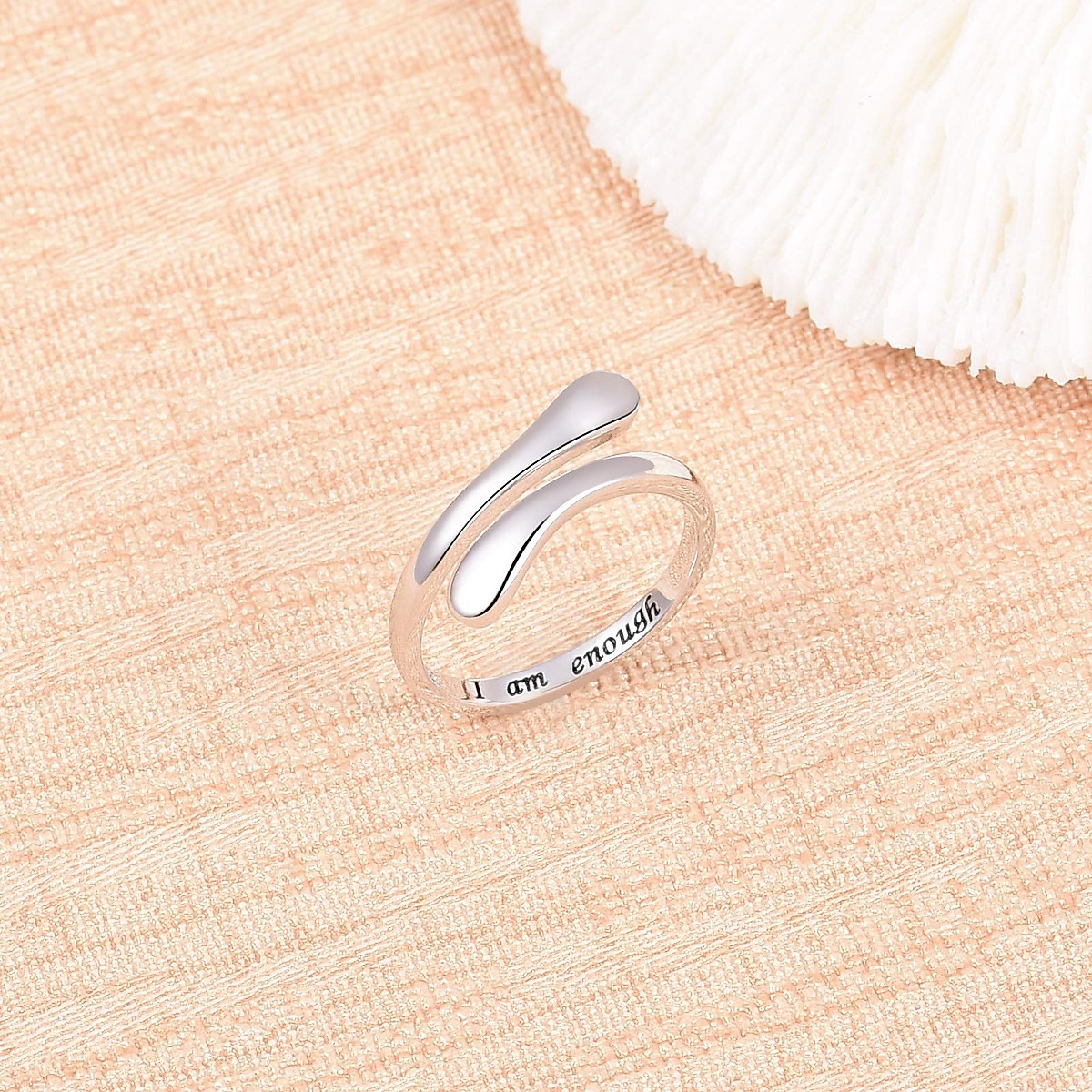 Fookduoduo 925 Sterling Silver Ring Inspirational Jewelry adjustable Wrap Open Rings for Women (I am enough)