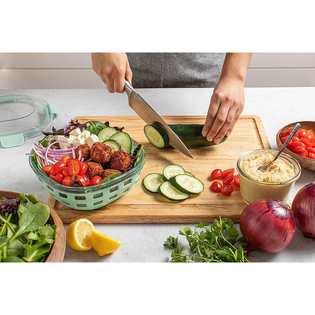 Ello DuraGlass Food Storage Glass Lunch Bowl - Meal Prep Container with Silicone Sleeve and Airtight Lid, 5 Cup, Yucca