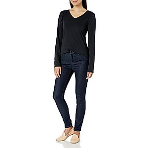Amazon Essentials Women's Classic-Fit 100% Cotton Long-Sleeve V-Neck T-Shirt, Black, Large