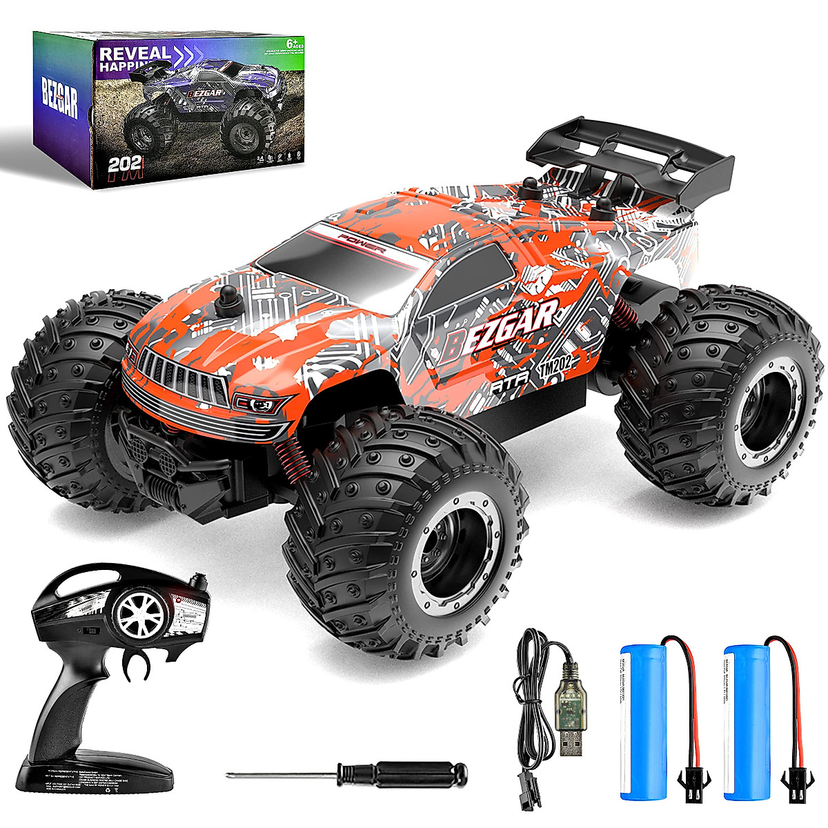 BEZGAR TM202 Toy Grade 1:20 Scale Remote Control Car,2WD Top Speed 15 Km/h Electric Toy Off Road 2.4GHz RC Monster Vehicle Truck Crawler with 2 Rechargeable Batteries for Boys Kids and Adults