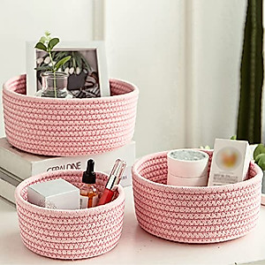SLDHFE Small Woven Storage Cotton Rope Basket, Cute Round Mini Pink Montessori Tray Decorative Shallow Felt Baskets for Organizing Shelves Decor