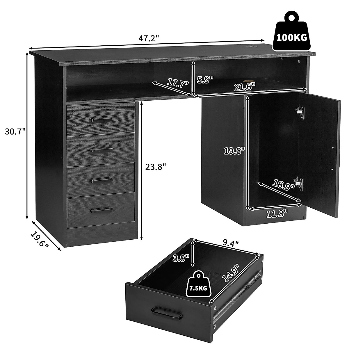 Karl home MDF Computer Desk with 4 Drawers and A Storage Cabinet, Home Office Desk Writing Desk with 2 Storage Compartments, Office Table for Bedroom Small Spaces, Black