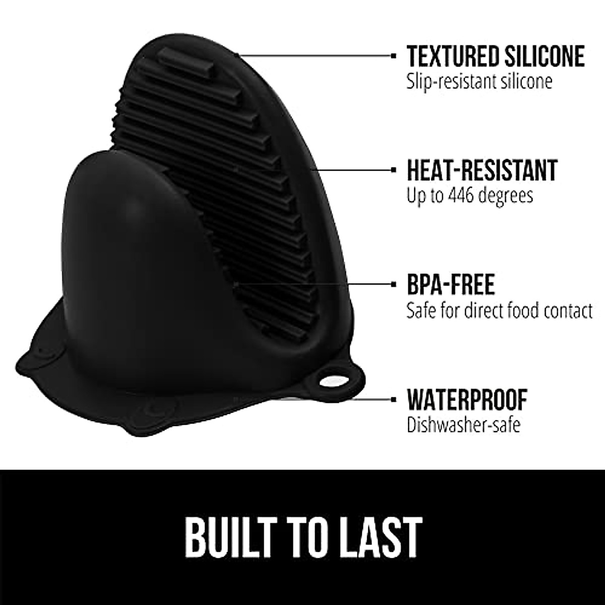 Gorilla Grip Heat and Slip Resistant Silicone Mini Potholders Mitts, Oven Mitt Gloves, BPA-Free, Textured Design, Better Grip, Hot Plate Holder, Kitchen Finger Grips, Cooking, Waterproof 2 Set, Black