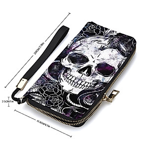 QSMX Wallets for Women Teen Girls Boys,Cool Skull Snake Rose Gothic Style Card Cash Envelope Clutch Bag Customize Leather Long Handbag Case with Removable Wristlet Chaines
