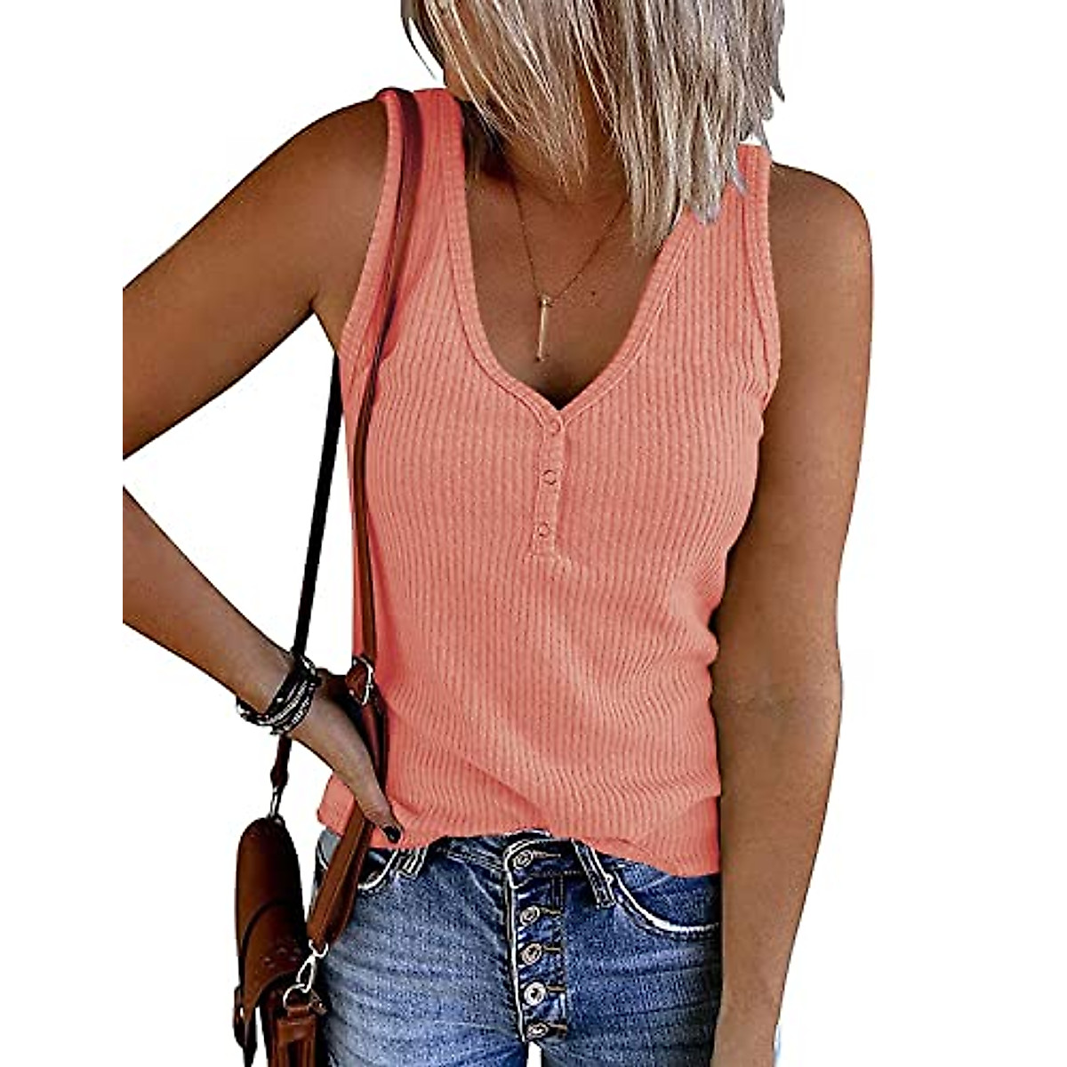 MEROKEETY Womens V Neck Tank Tops Summer Sleeveless Ribbed Button Casual Henley Shirts Salmon